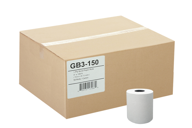 (50) 3″ x 150′ 1-Ply White Bond Paper Rolls
